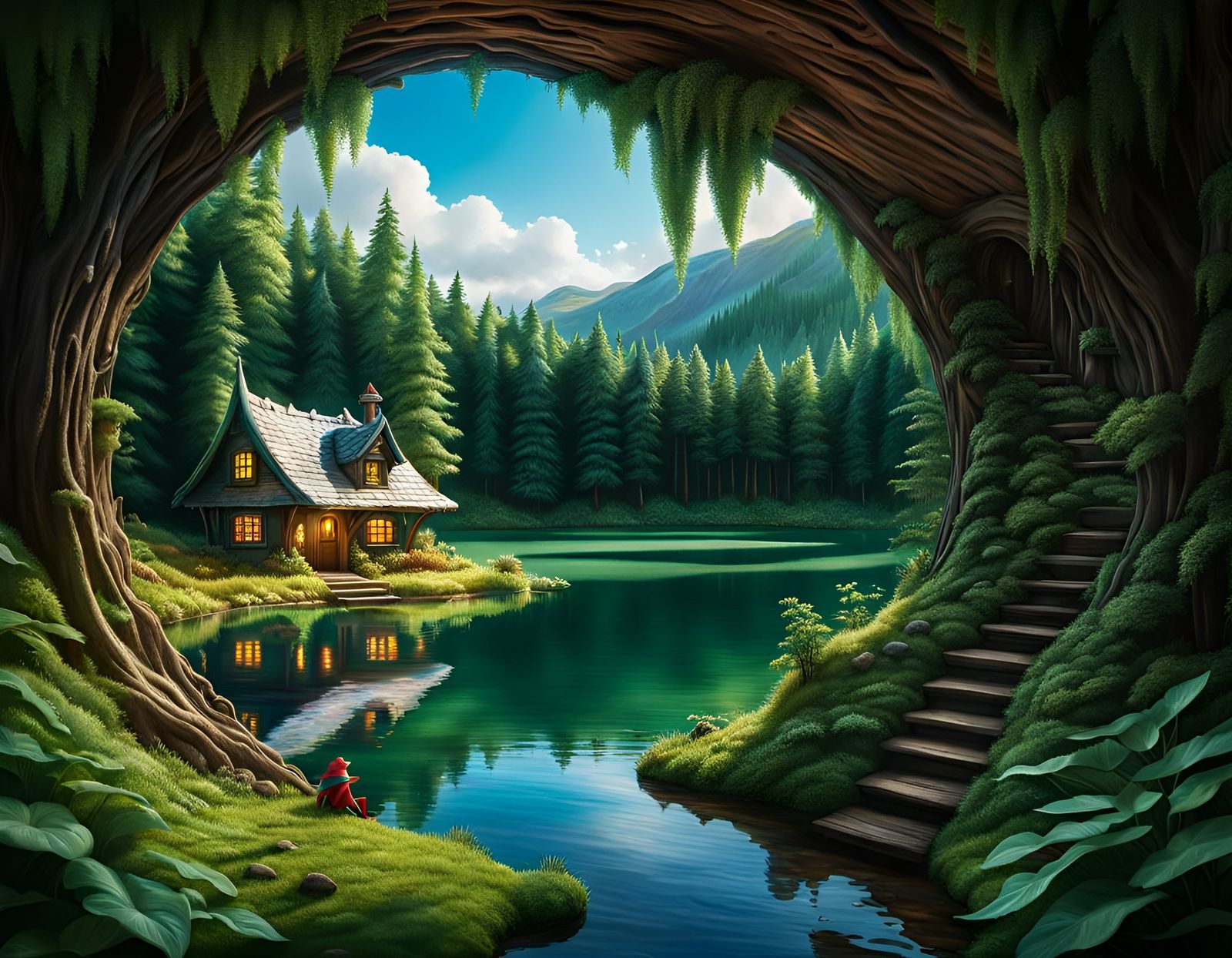 Hole in a house wall leading to a forest with an elf and a lake, - AI ...