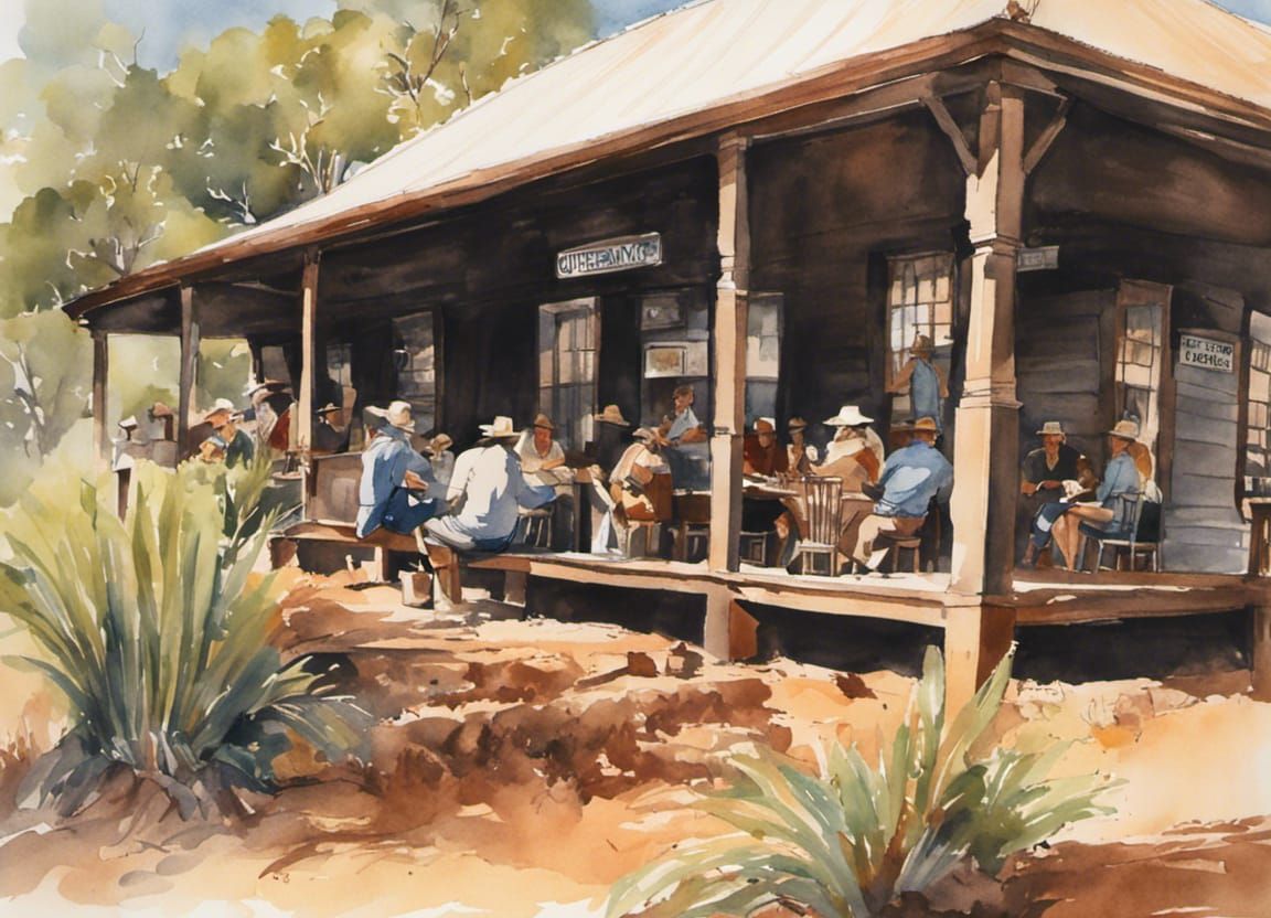 a watercolour and ink drawing of a Queensland outback pub, shady ...