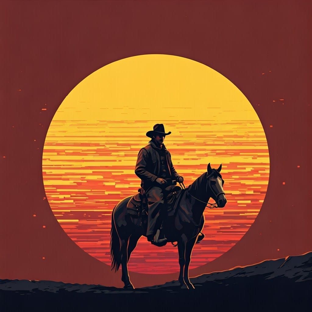 Gritty Cowboy Silhouetted Against a Pixelated Suns... - AI Art