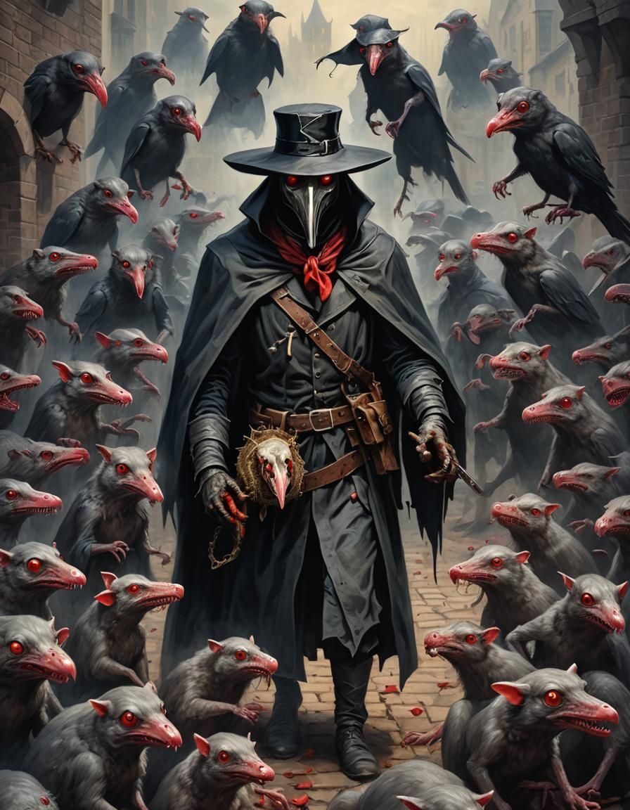 creepy medieval plague doctor with horror red-eyed rats - AI Generated ...