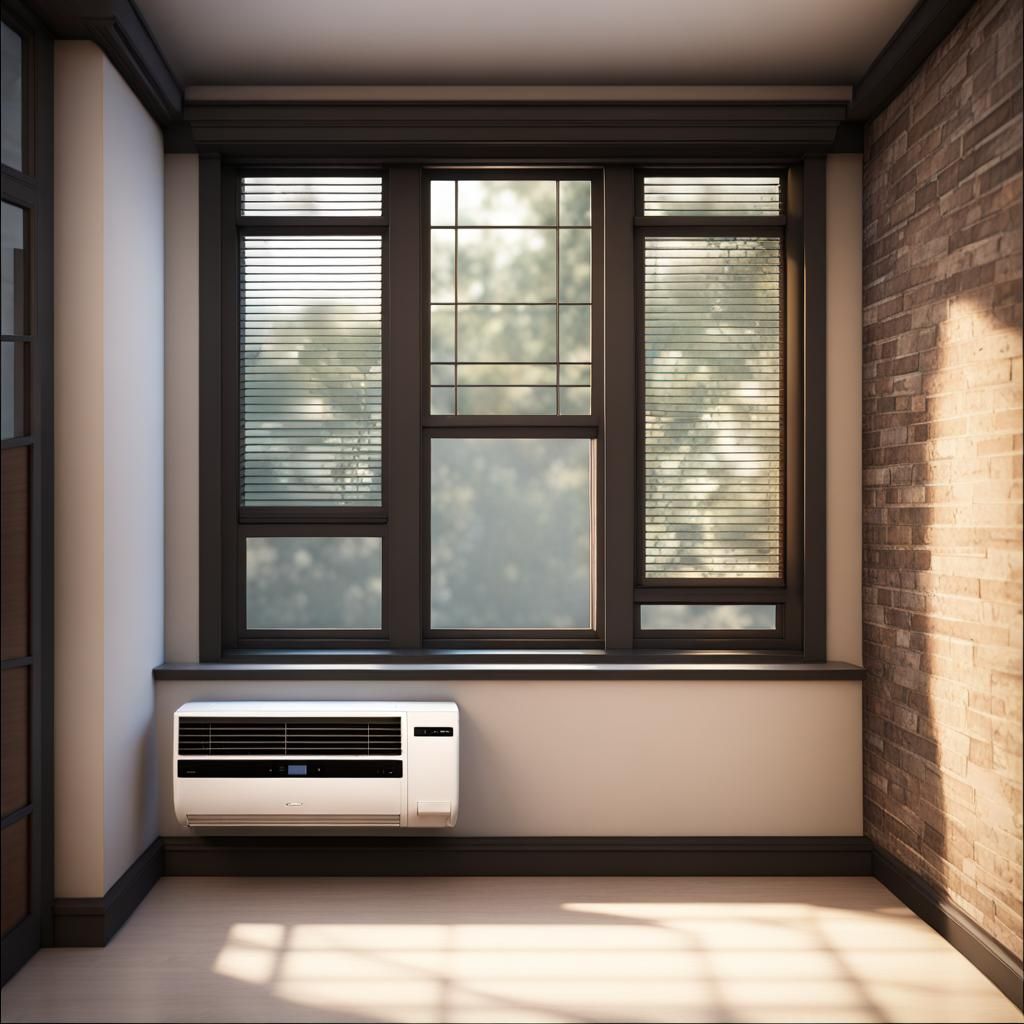 interior view, straight wall, window ,wall mounted air conditioner, non ...