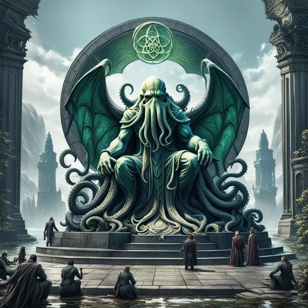 the empowerment of a circle of cultists, kneeling before the statue of ...