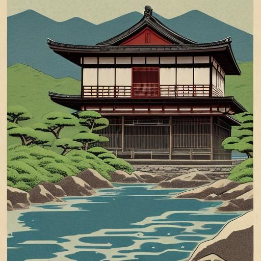 woodblock print of an an old Japanese house near a river - AI Generated ...