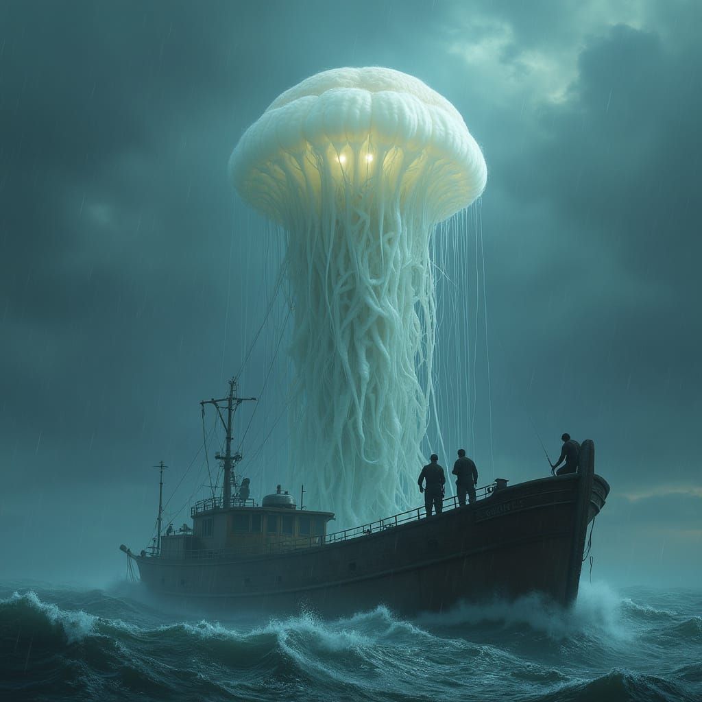 Gigantic Jellyfish Looms Beside Weathered Fishing ... - AI Art