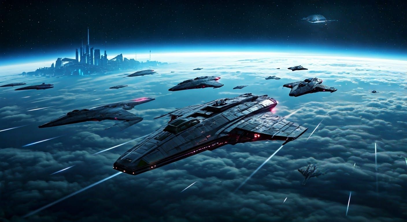 Starship Fleet Over a Mysterious Planet A fleet of advanced starships ...