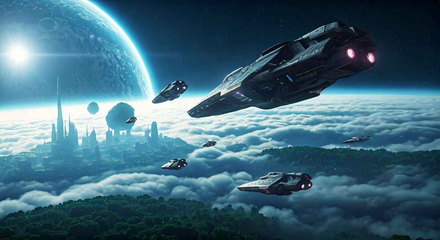 Starship Fleet Over a Mysterious Planet A fleet of advanced starships ...
