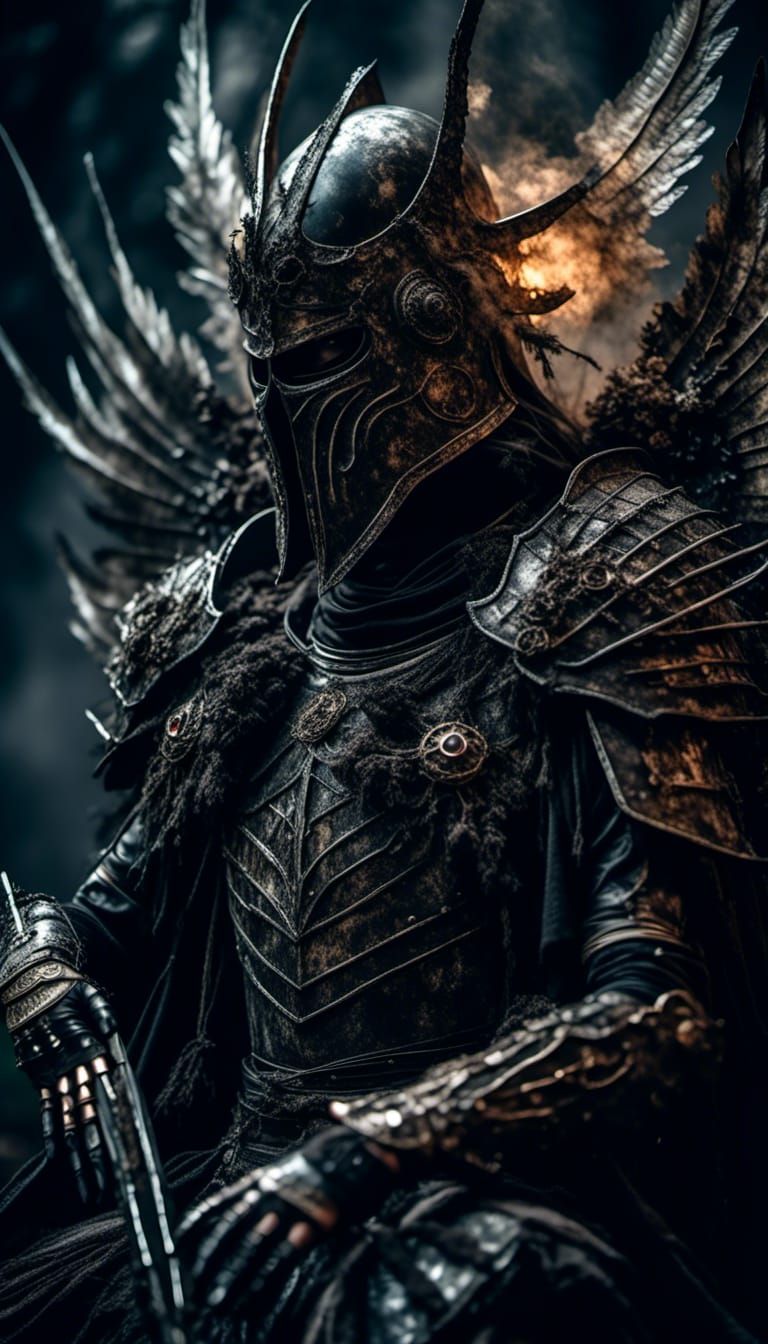 Hyperreal fantasy horror art, "Death Shield Knight", black smoke helmet ...