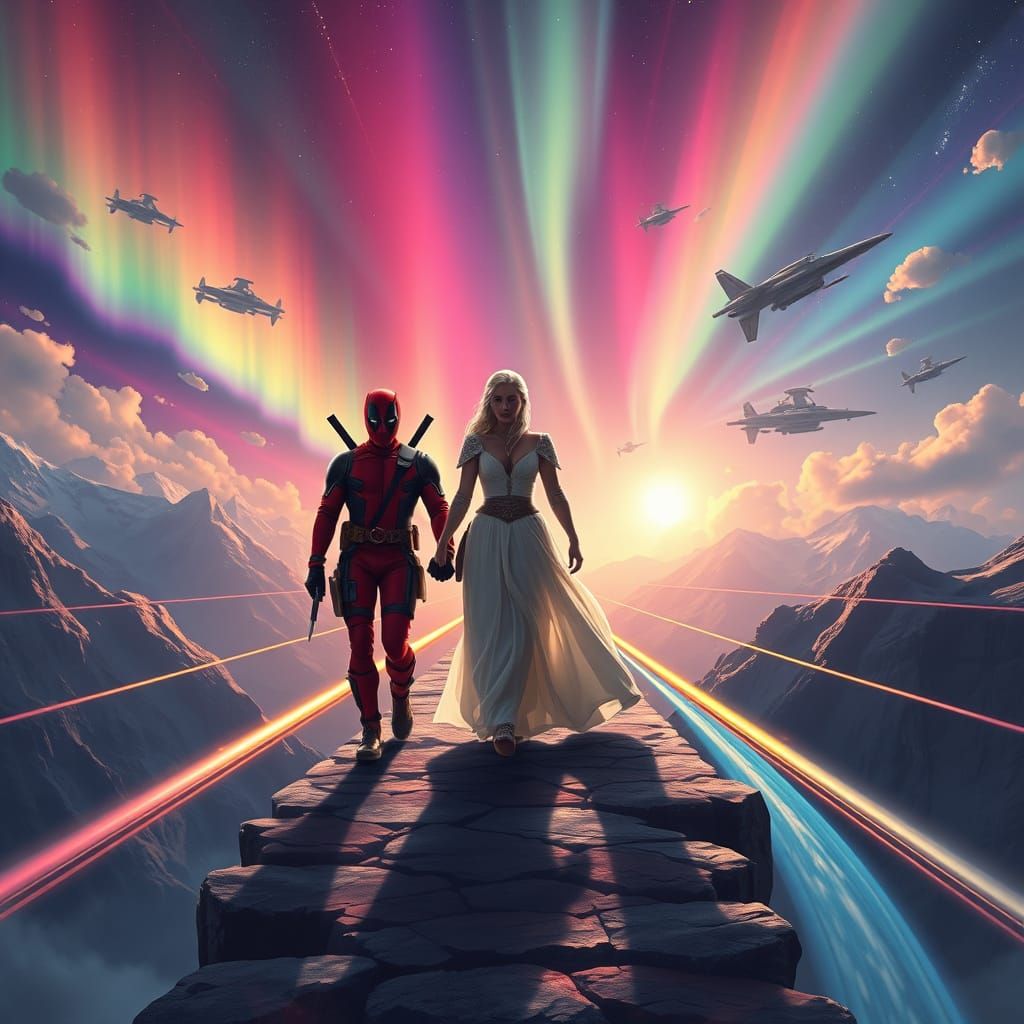 Deadpool and Daenerys Walk the Bifrost Rainbow Bri... - AI Art