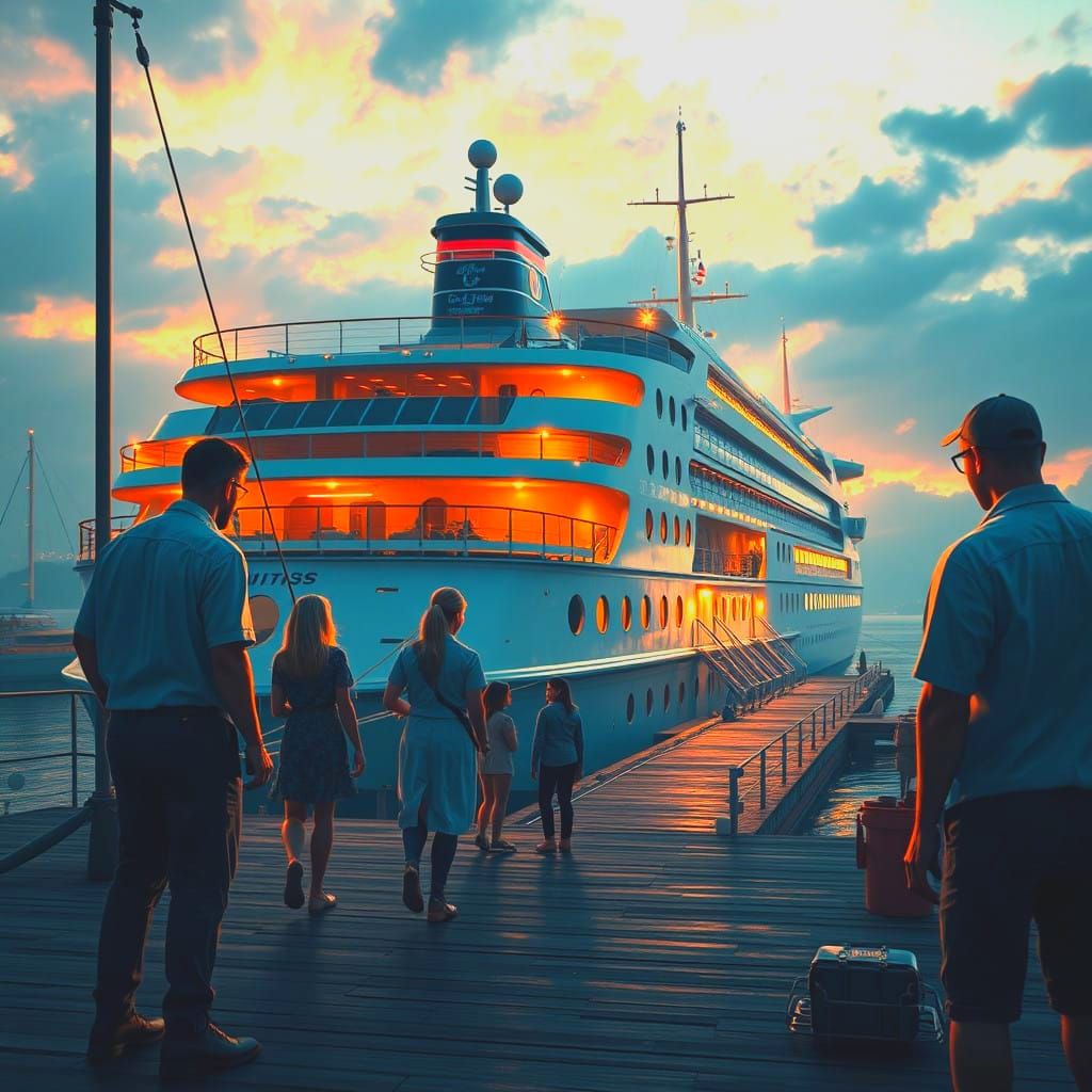 Cruise Ship Encounter at Dawn in Vibrant Triadic C... - AI Art