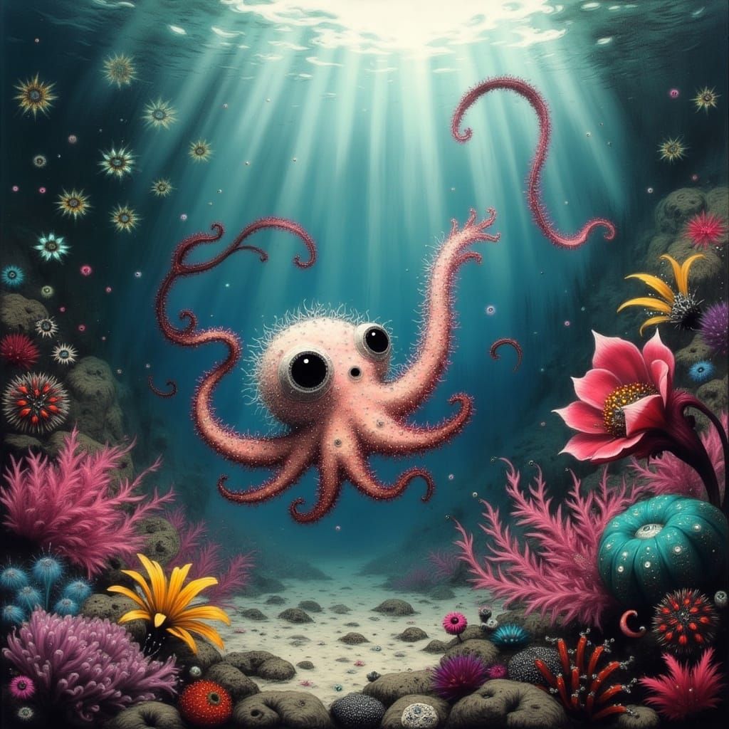 Surreal Underwater Scene of Furry Octopus Reaching... - AI Art