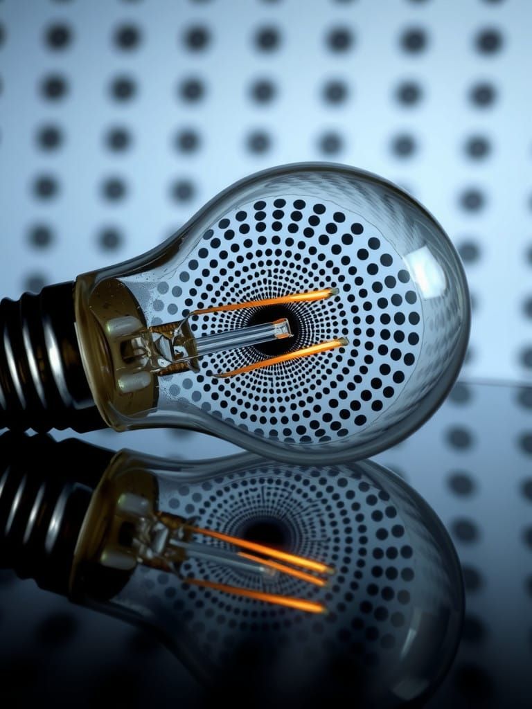 A clear light bulb lying on its side, reflecting a pattern of black and ...