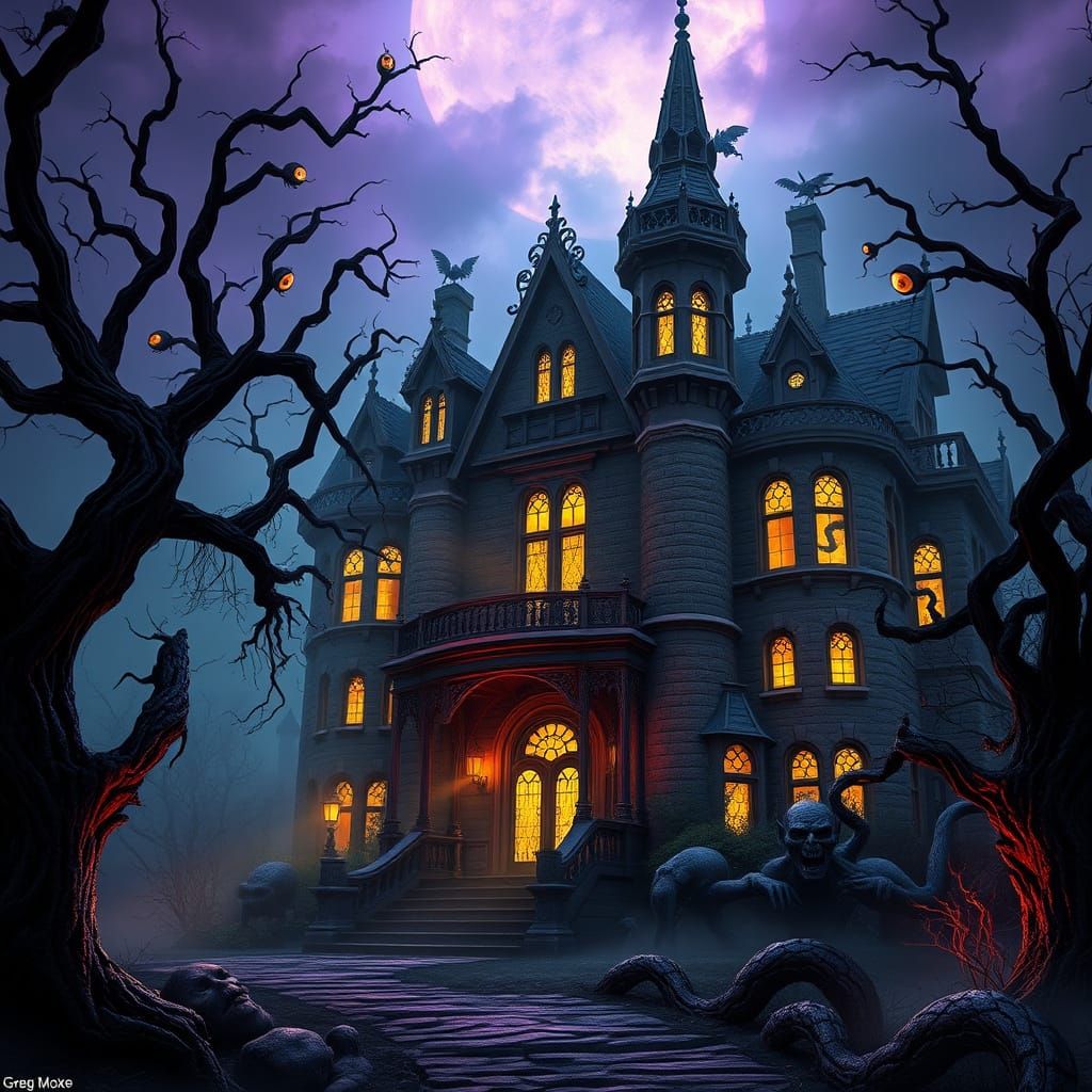 horror mansion with thick mysterious fog and scary features