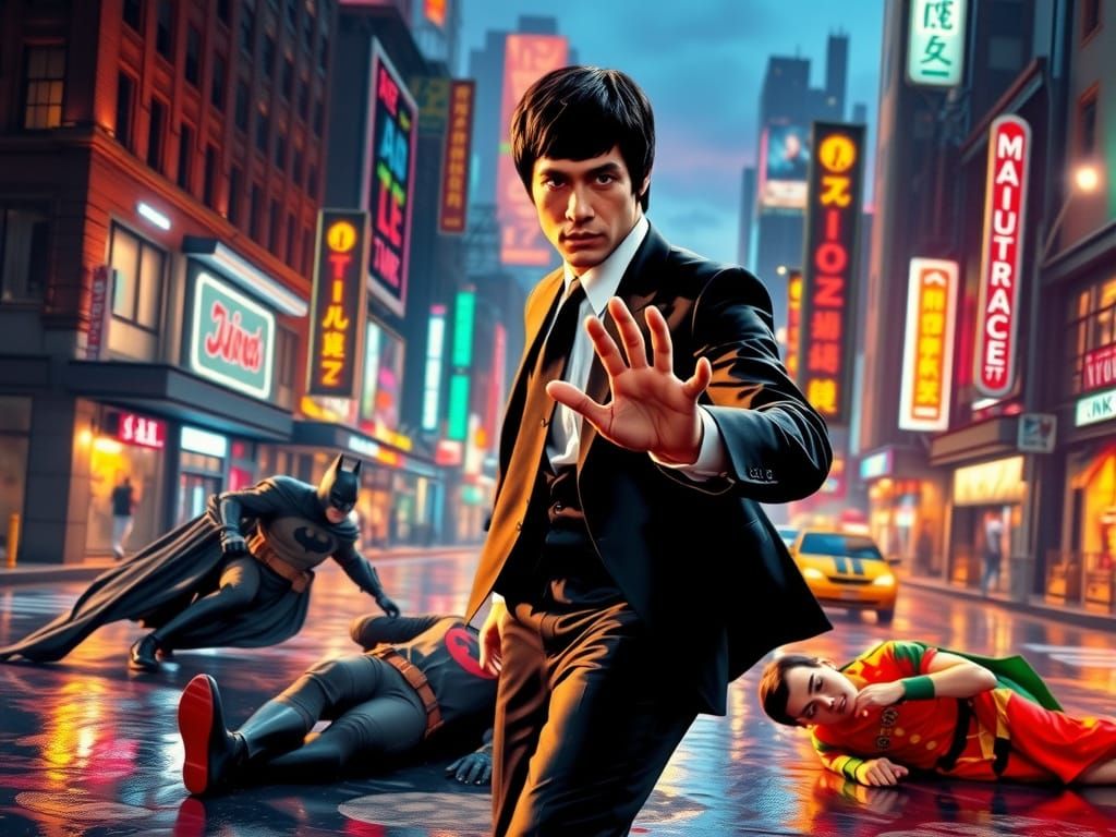 Bruce Lee as Kato: Fierce Fighter in Neon City - AI Art