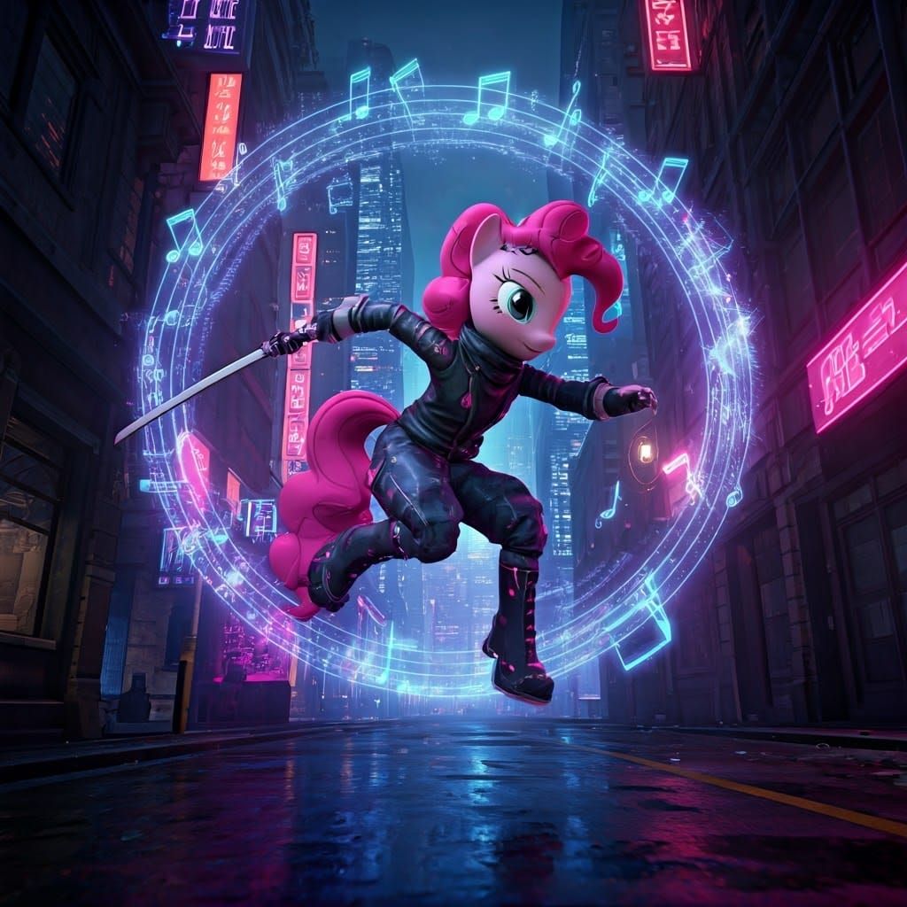 Cyberpunk Pinkie Pie Ninja Leaps Through Dystopian... - AI Art