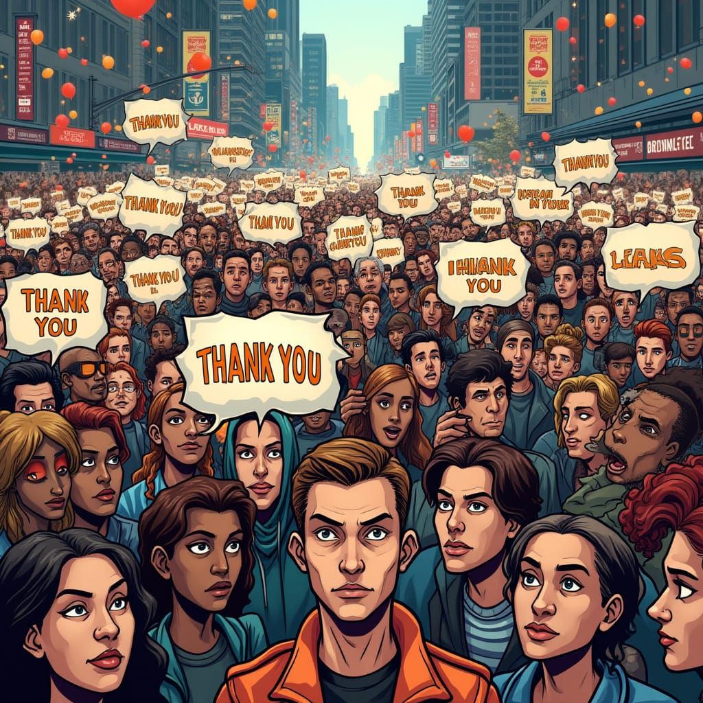 Crowded Comic Book City Celebrates Gratitude - AI Art