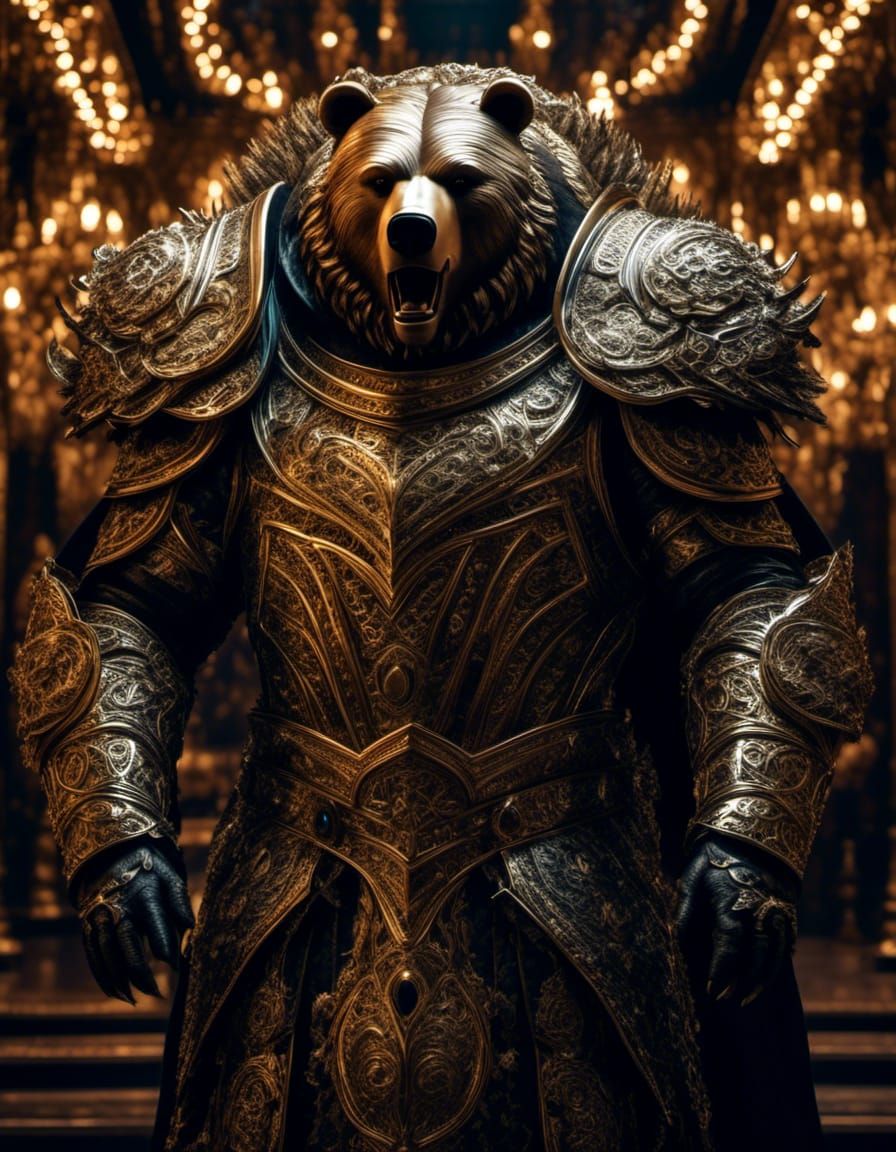 Obese Combat Bear Knight: Olive-Chrome armor reminiscent of wild ...