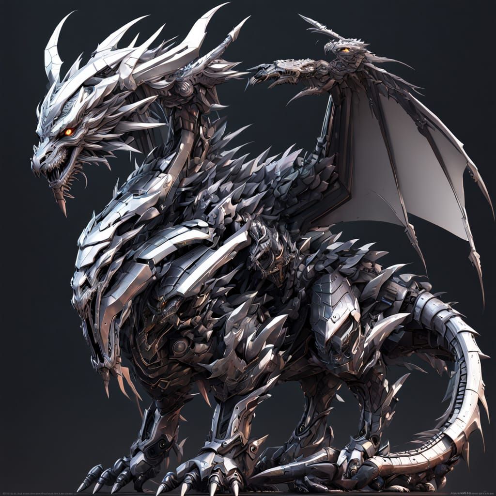 Cyberpunk Robot Dragon in Black and Silver - AI Art