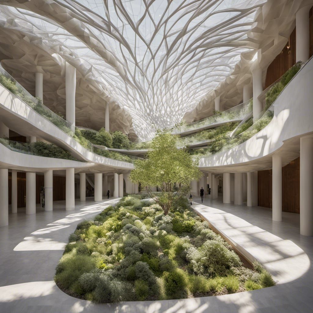 Eco-friendly, terraced building with lush rooftop gardens and fluid ...