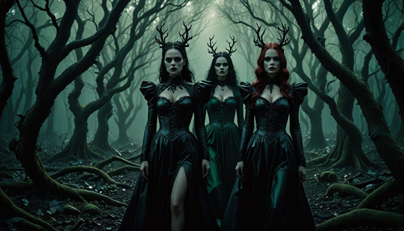 Three Sisters Cast a Spell in a Dark, Mystical For... - AI Art
