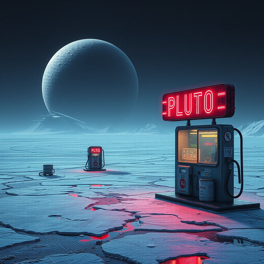 alien gas station on pluto - Eerie Retro-Futuristic Gas Stat...