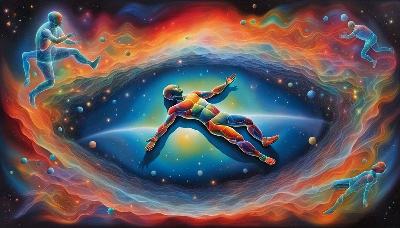 human separating from their astral body, floating in dark matter with a ...