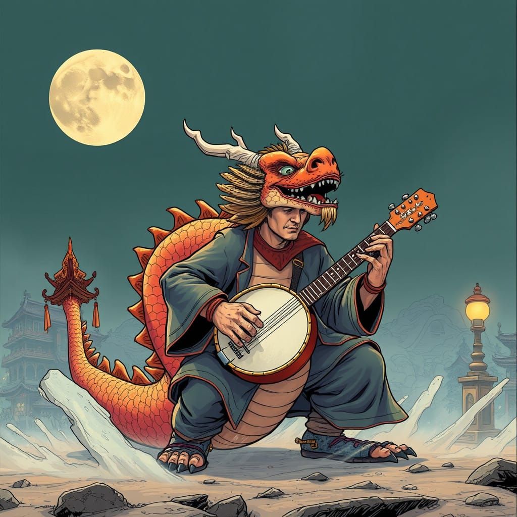 Man in Chinese Dragon Costume Playing Banjo