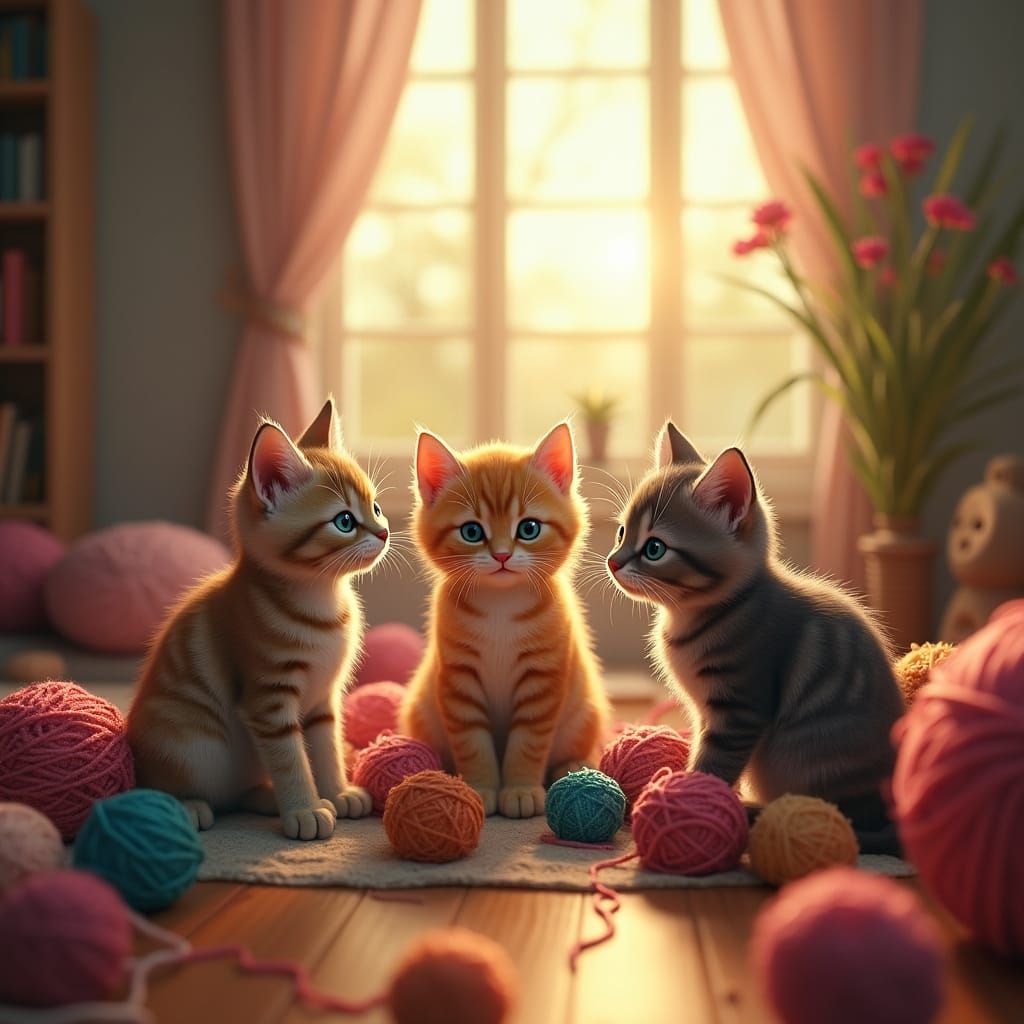 Cats Play with Yarn: Fantasy Concept Art - AI Art