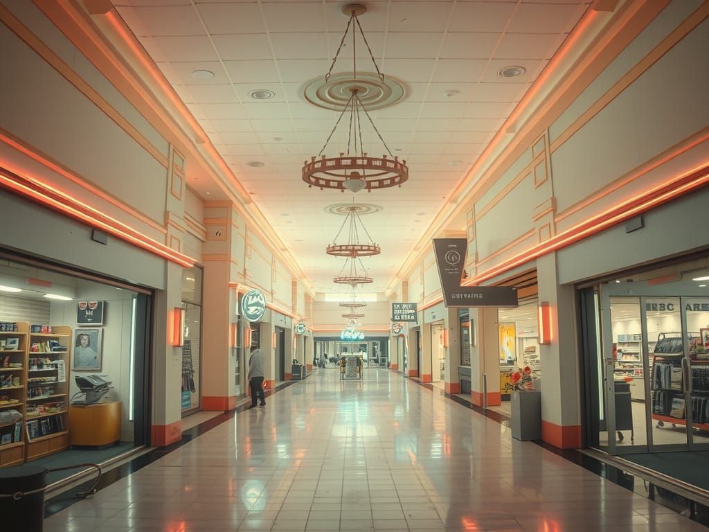 Nostalgic mall interior from late 1990s liminal