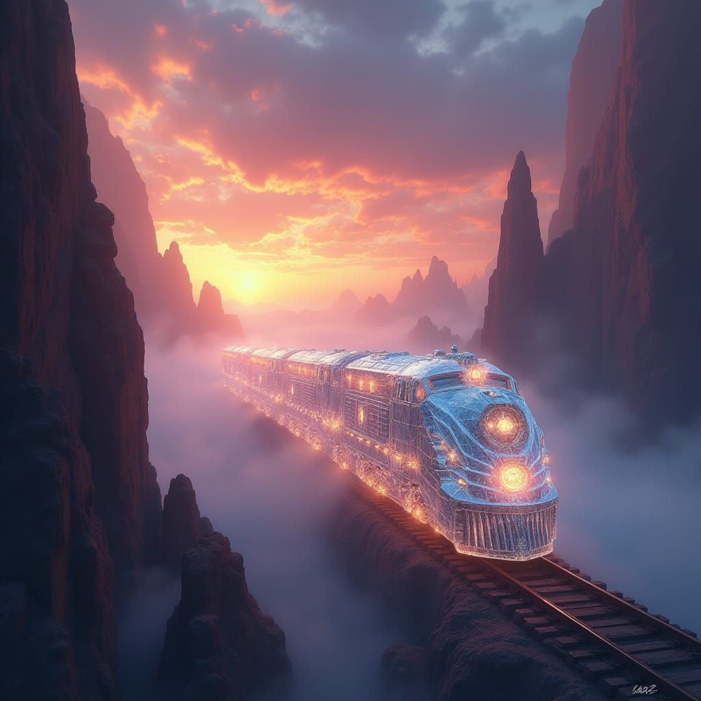 Crystal Train Soars Through Vibrant Canyon at Sunset