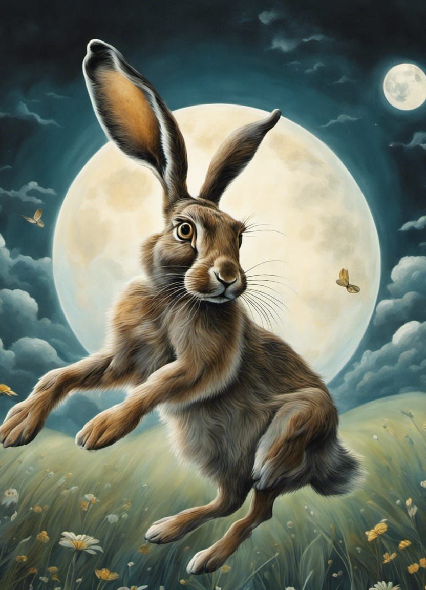Hare leaping in a moonlit meadow : r/nightcafe