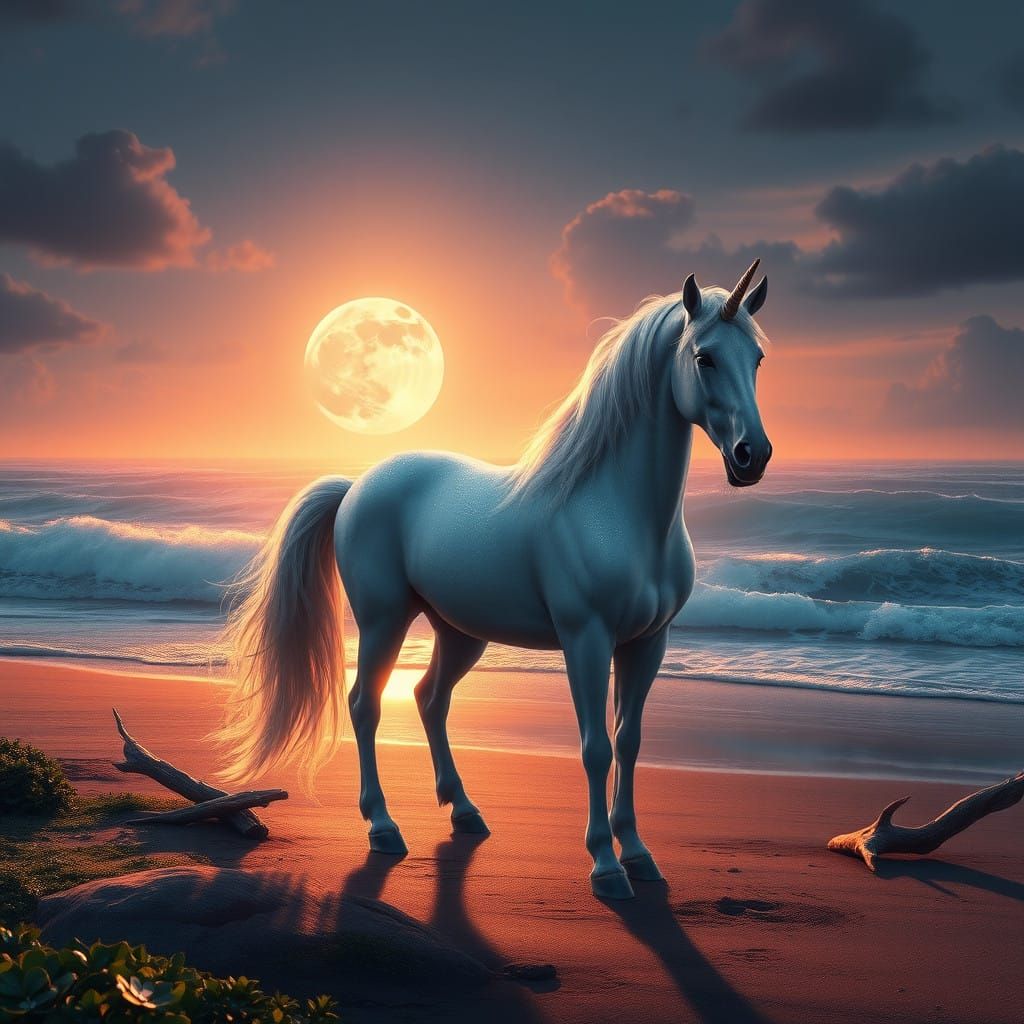 Ethereal Unicorn Illuminated by Full Moon on Seren... - AI Art