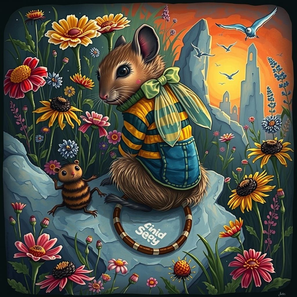 Bumblebee Mouse in Sunny Meadow, Watercolor Style - AI Art