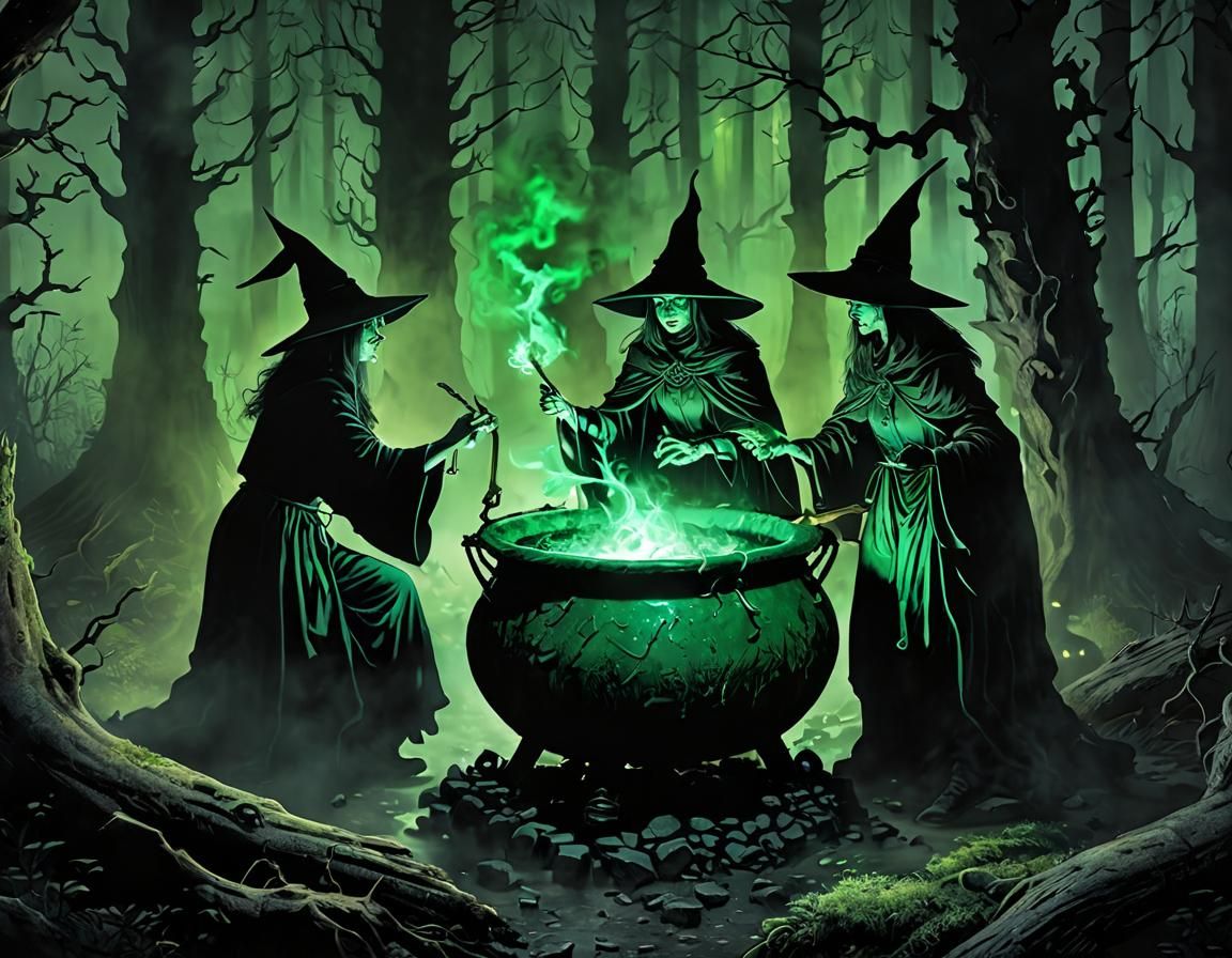 A spooky forest scene with three witches brewing a green glowing misty ...