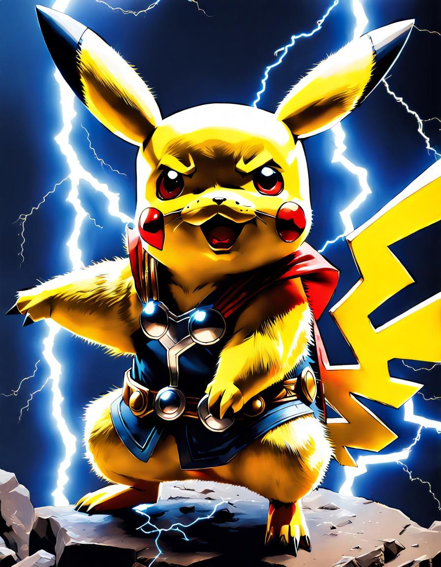 Pikachu as Thor, thunder, lightning ; acrylic by Wadim Kashin, James ...