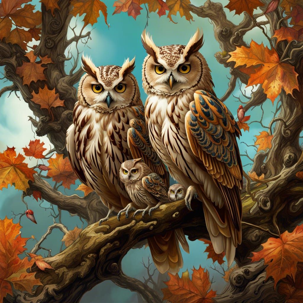 Owl family tree - AI Generated Artwork - NightCafe Creator