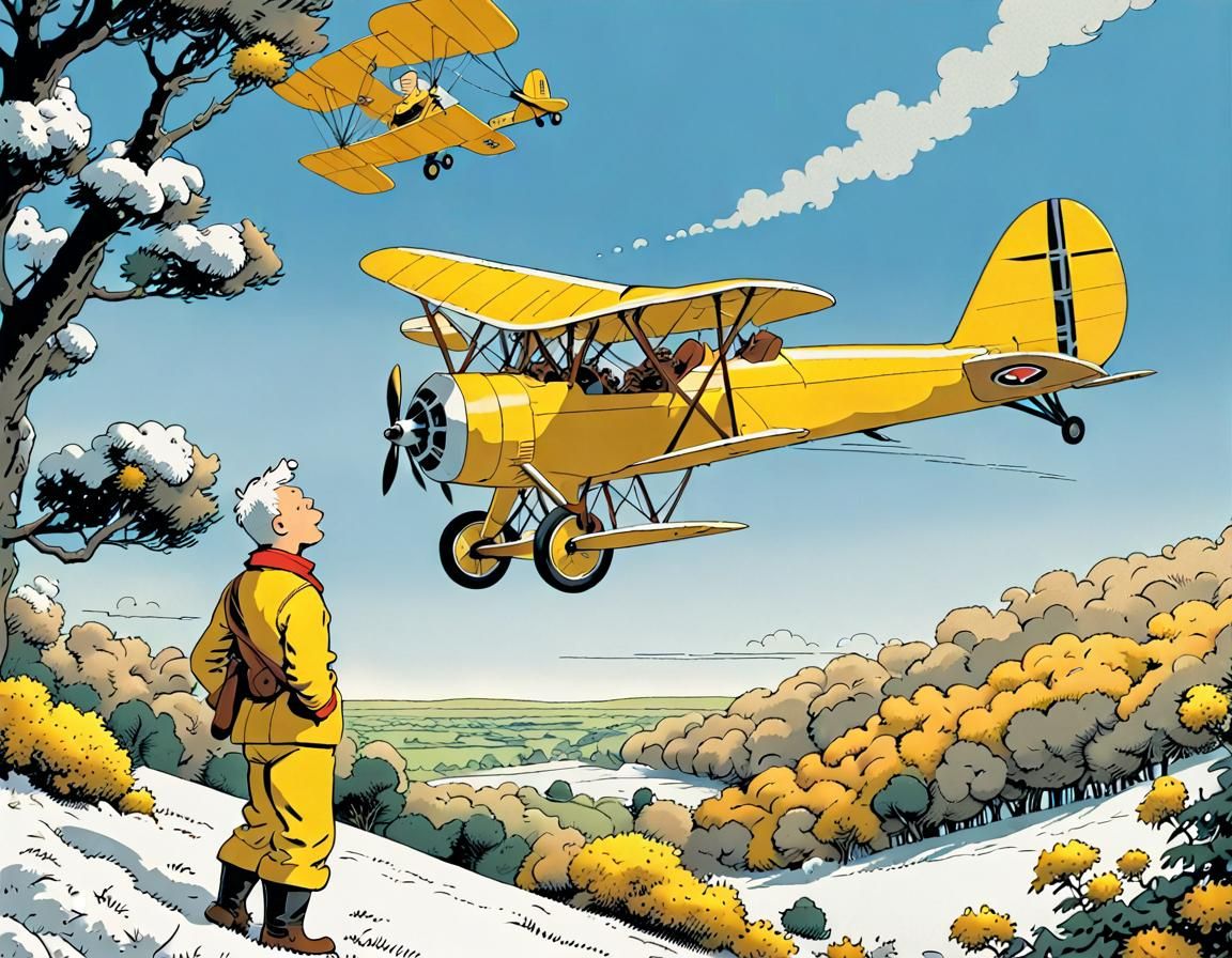 Tintin and Snowy looking up at yellow biplane in the air - AI Generated ...