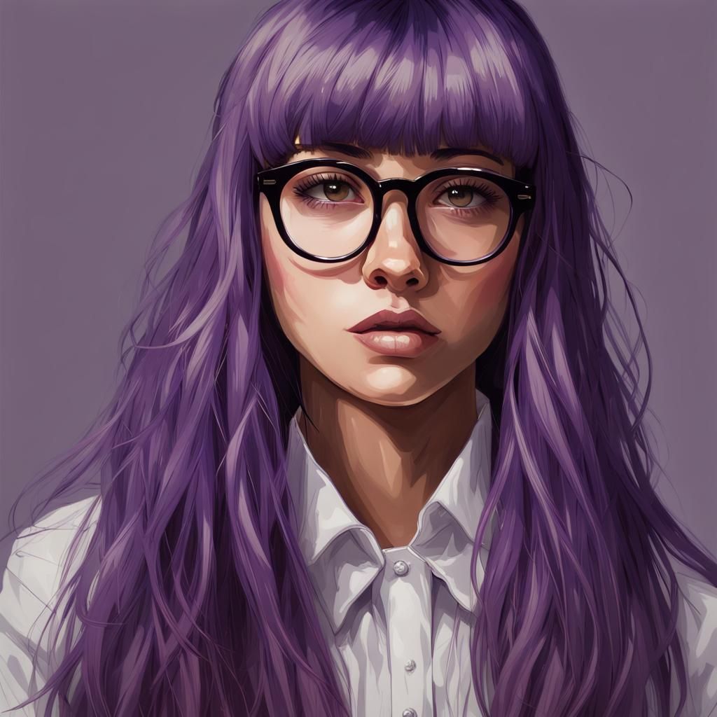 a Young woman , long purple hair with bangs, brown eyebrows , hazel eyes , black glasses . - AI ...