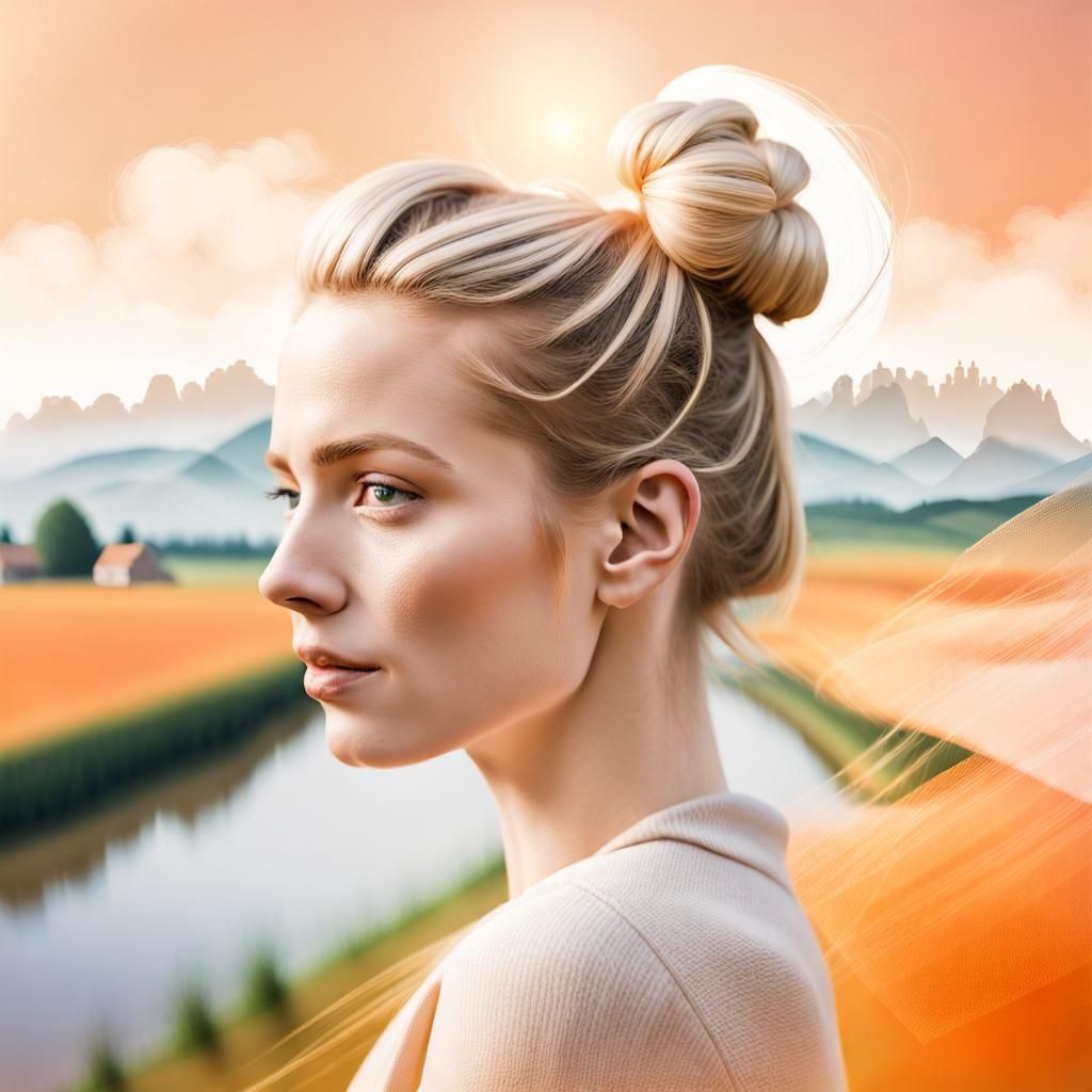 Side view portrait of young woman with blonde hair bun - AI Generated ...