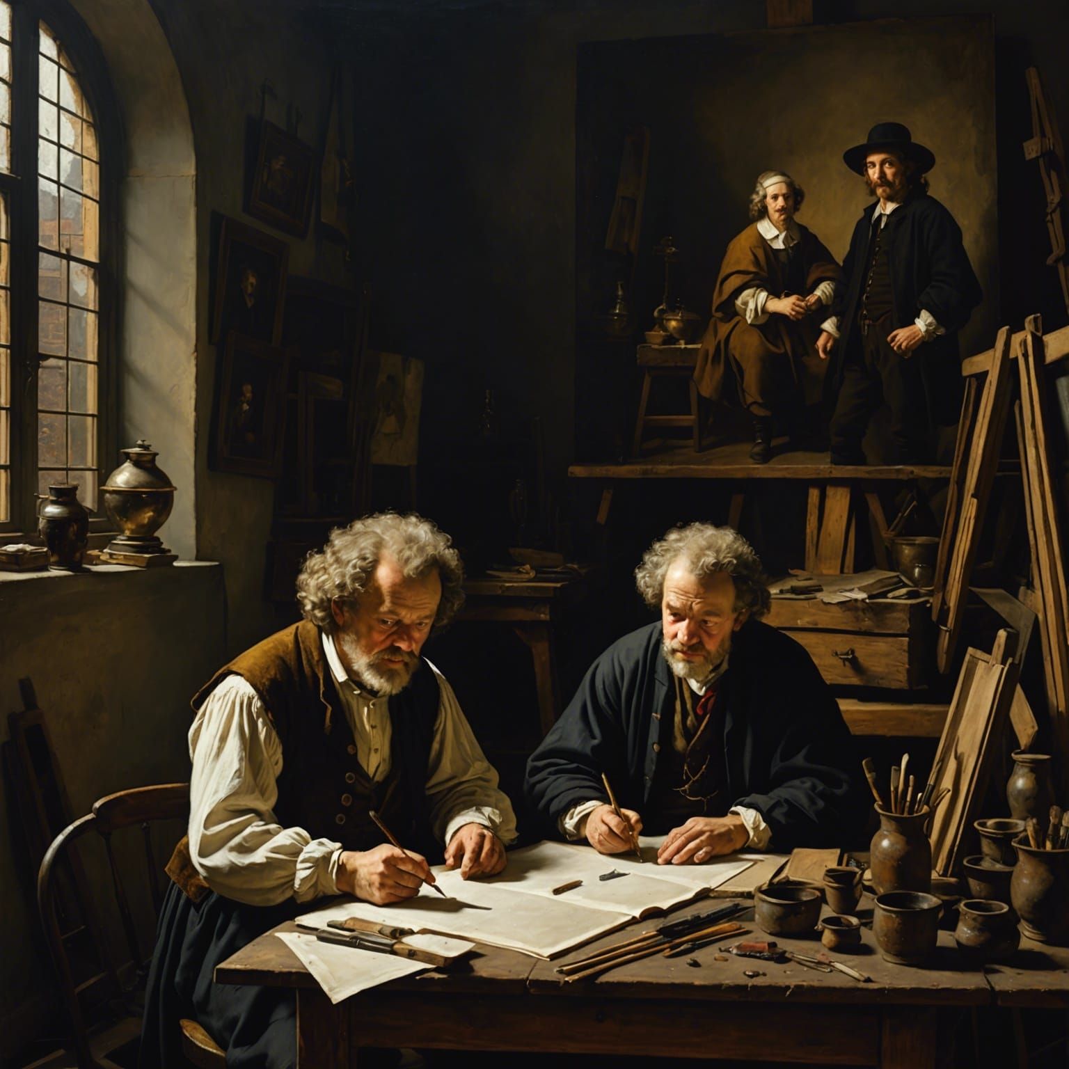 old master's workshop, art by Rembrandt and Caravaggio, intense light ...