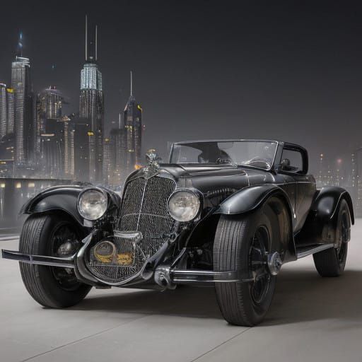A sleek, retro-futuristic Batmobile reminiscent of 1930s design with ...