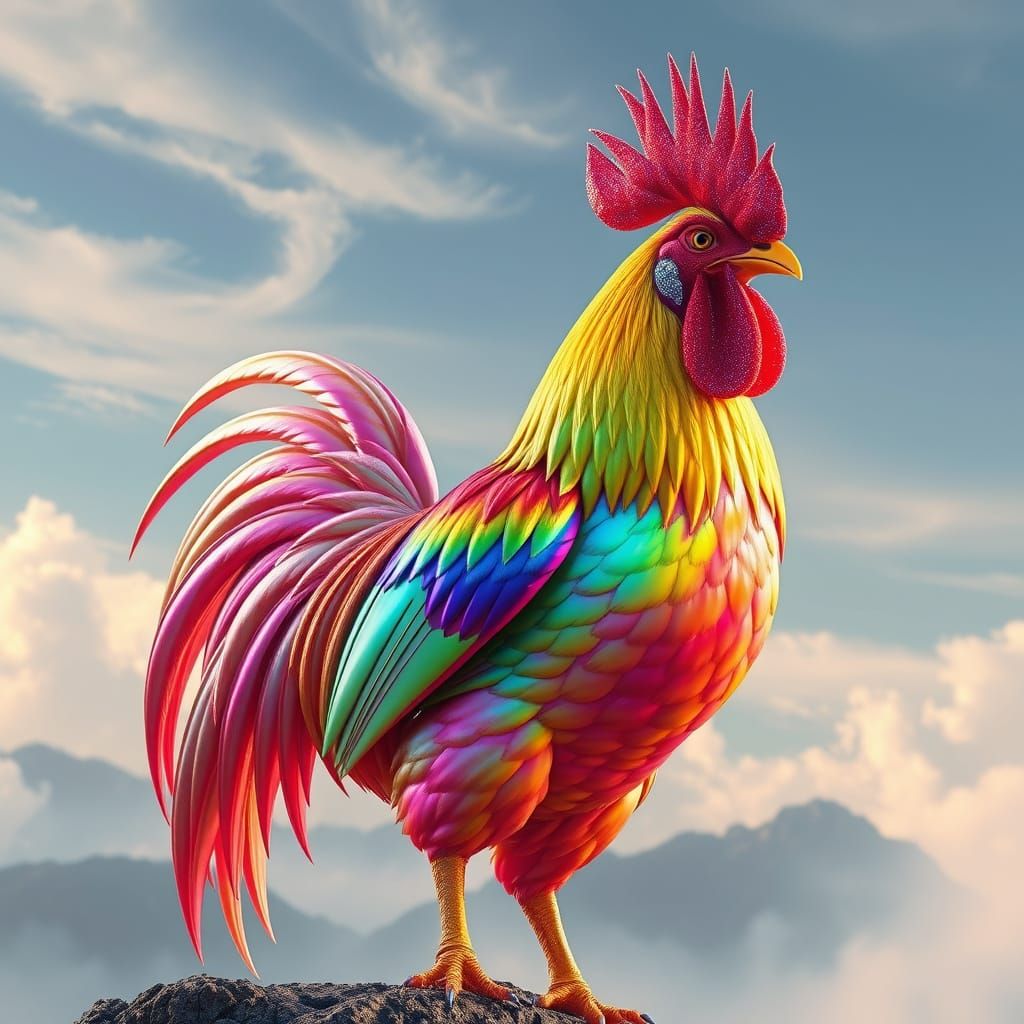 animated rooster in rainbow suit - Heroic Rooster in Iridesc...