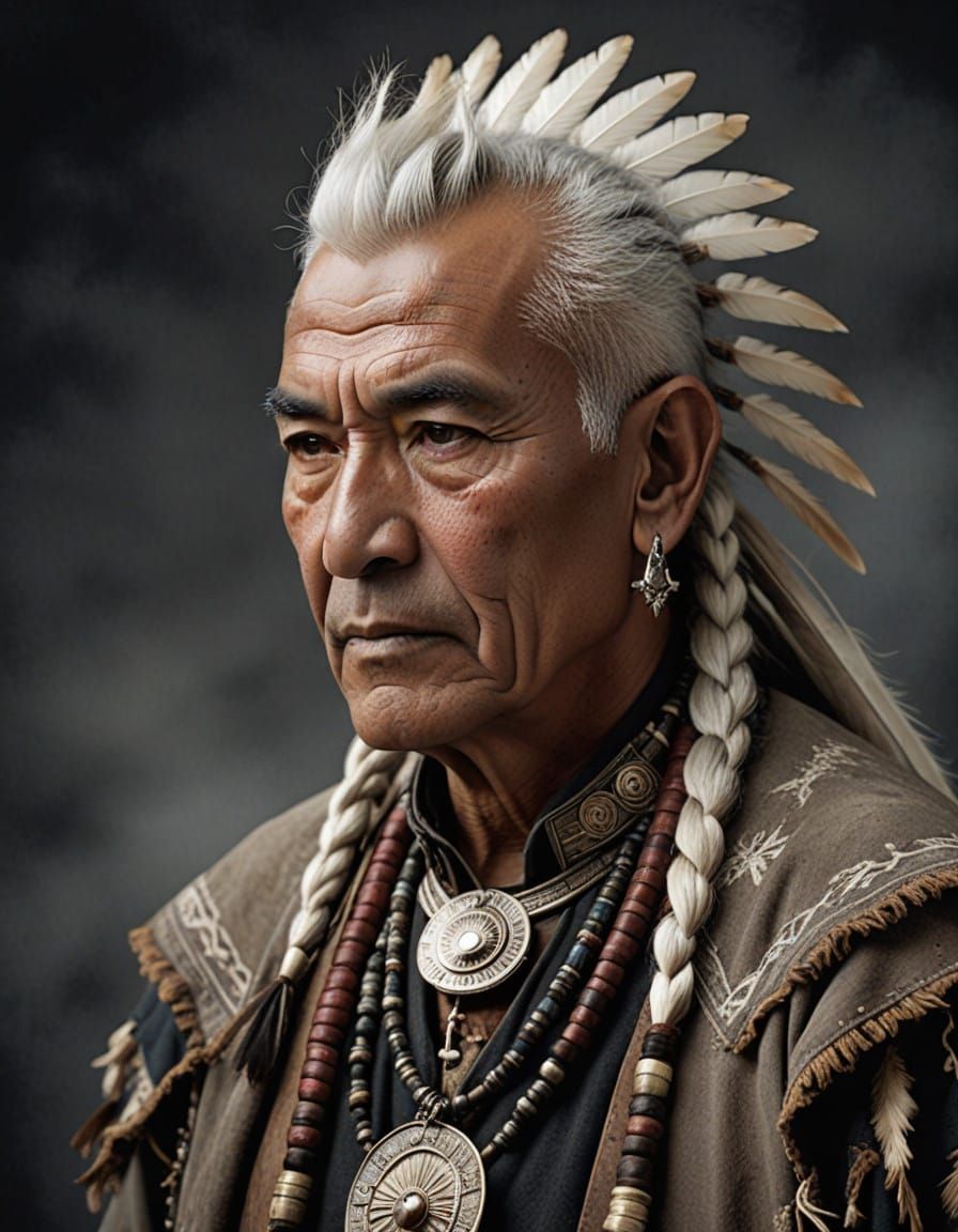 Traditional Mohawk Elder in Gray Landscape - AI Art