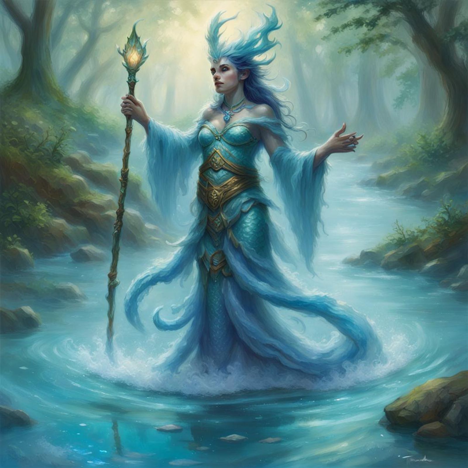 Card art for a mtg creature card, Dream Warden. A blue Merfolk Shaman ...