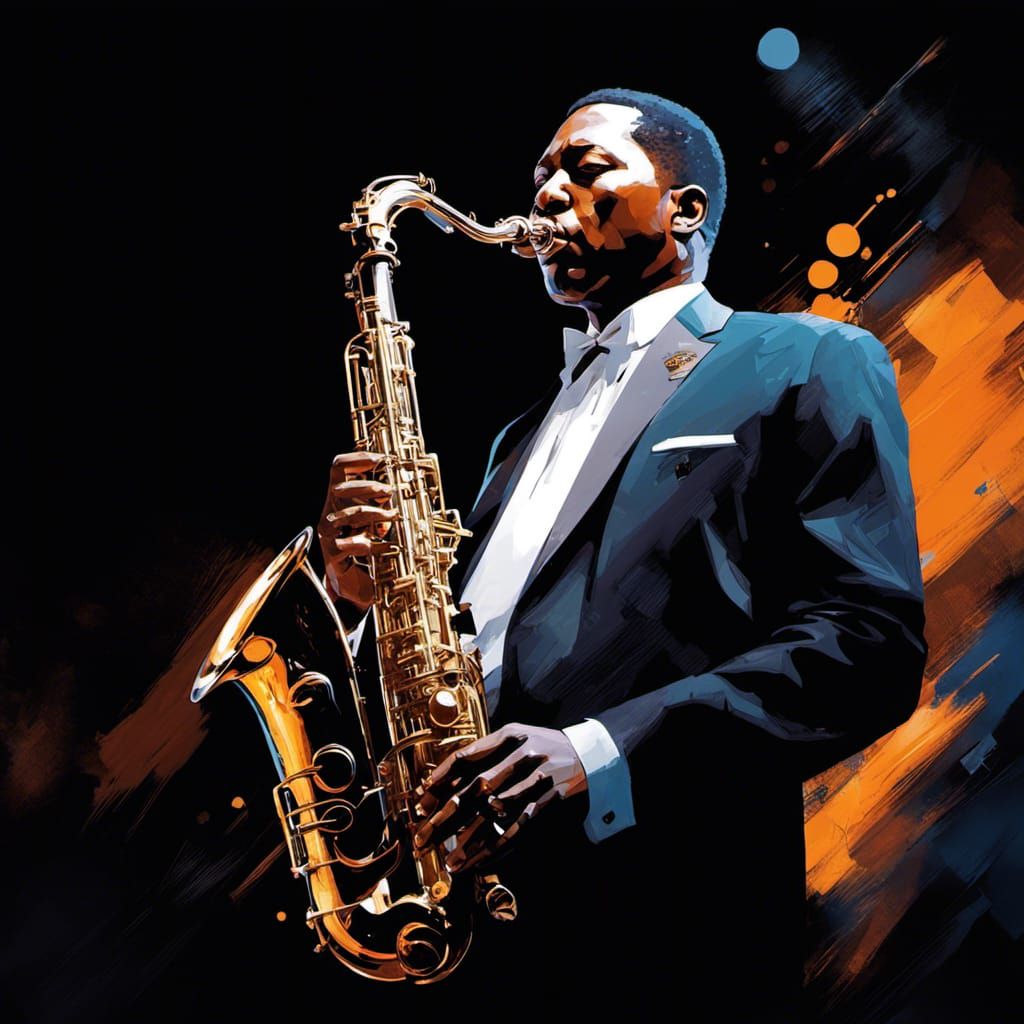 John Coltrane soulfuly playing the saxophone in a darkened nightclub ...