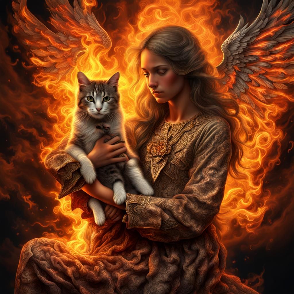 Flaming angel holding a flaming pet cat, flames, smoke, intricate ...