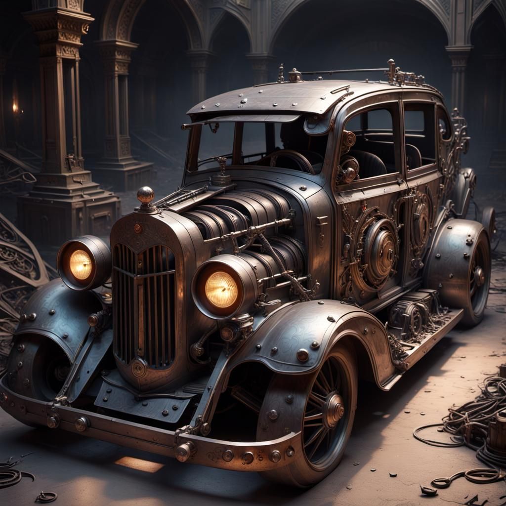 Metal art car sculpture from scrap metal, a masterpiece, 8k resolution ...