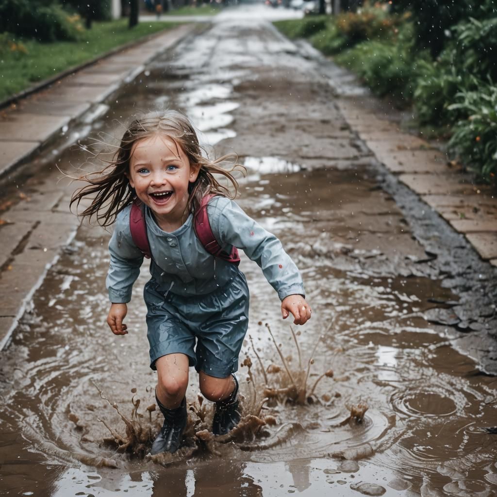 girls with blue eyes run through puddles and splash everywhere They are ...