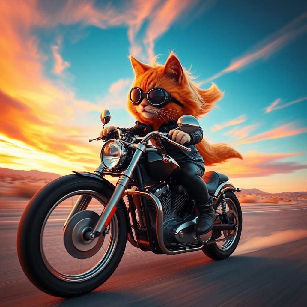 Vibrant Orange Tabby Cat Riding Vintage Chopper at... - AI Art