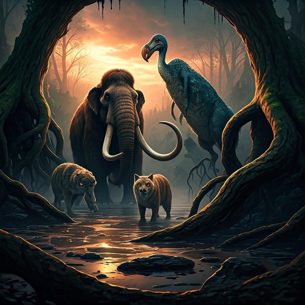 Prehistoric Creatures Emerge from Tar Pit in Mysti... - AI Art