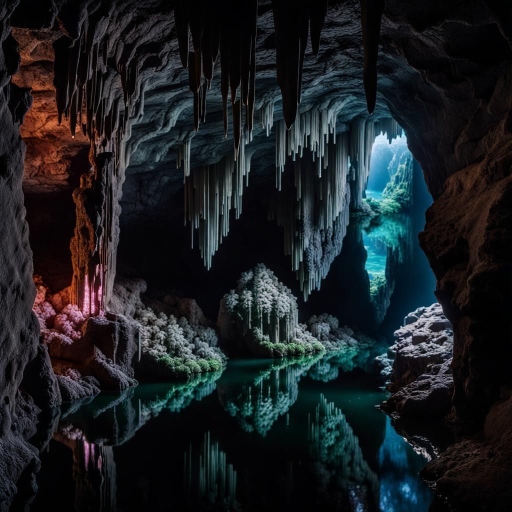 A deep dark cave with beautiful, raw and uncut crystals forming from ...